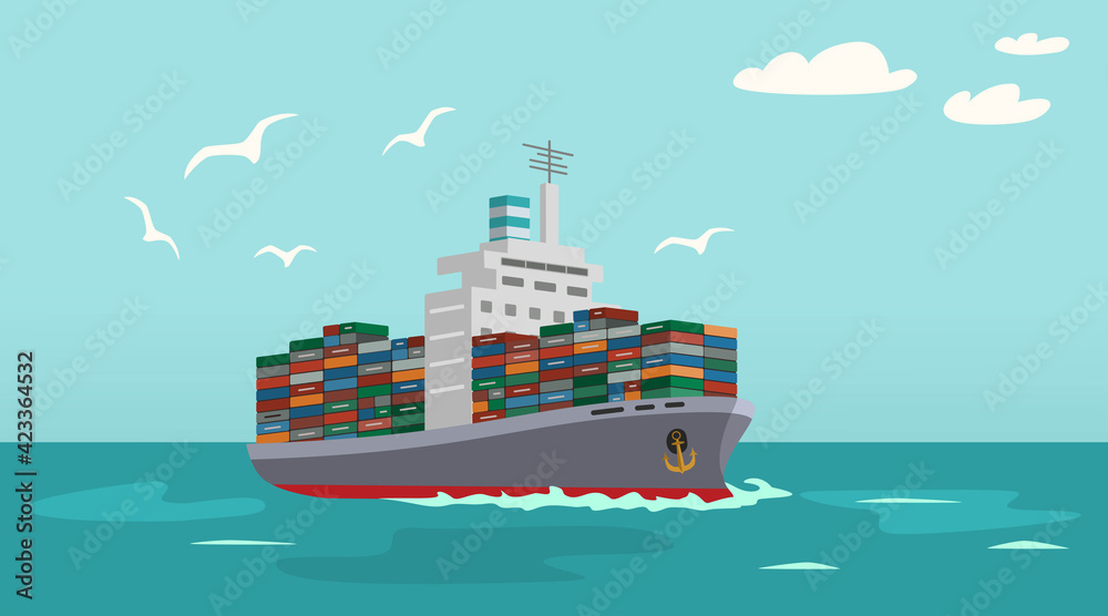 Dry cargo container ship in ocean. Flat cartoon style Stock Vector ...