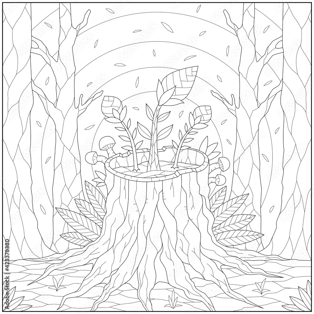 Fantasy plant and flower grow on the tree root in the forest. Learning ...