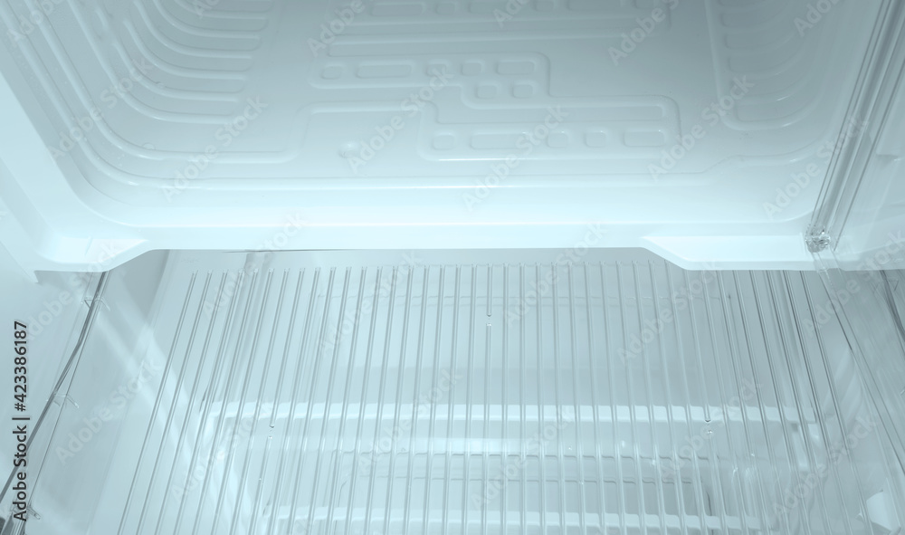 Refrigerator open empty fridge inside interior. close up on empty ...