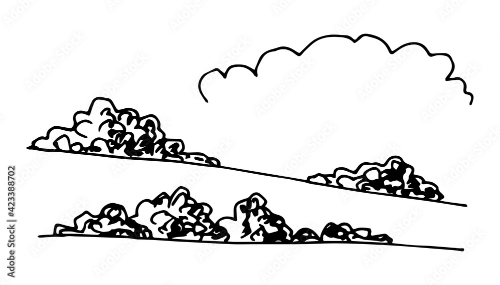 Simple hand-drawn summer landscape, hills with bushes, trees, cloud ...