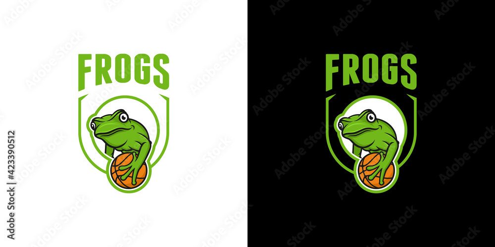 Basketball team logo with frog holding a ball in white background and ...