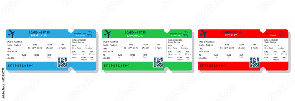 Realistic airline ticket set.Paper boarding pass isolated on white ...