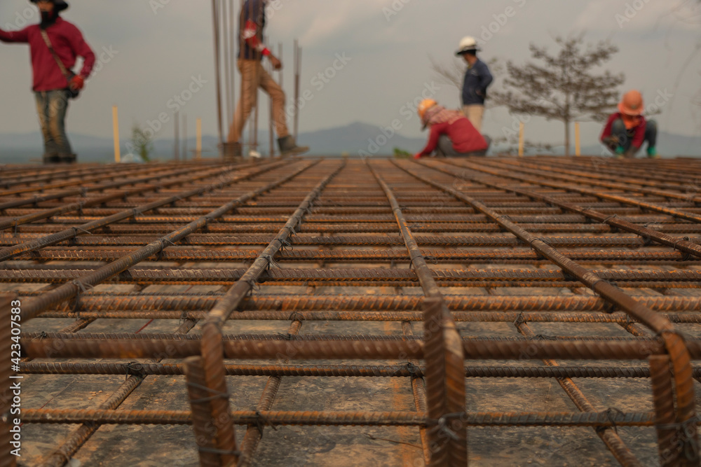 Blur rust on red rebar as structural steel for the floor to pour ...