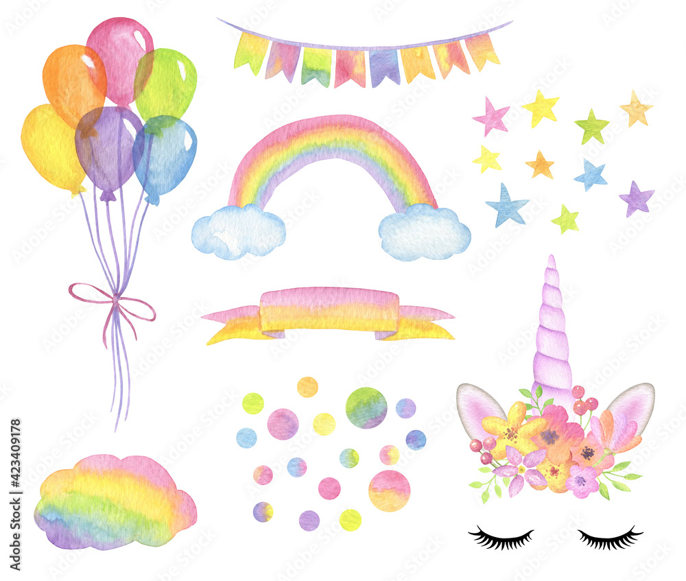 Birthday Rainbow Decorations Watercolor Set Stock Illustration | Adobe ...
