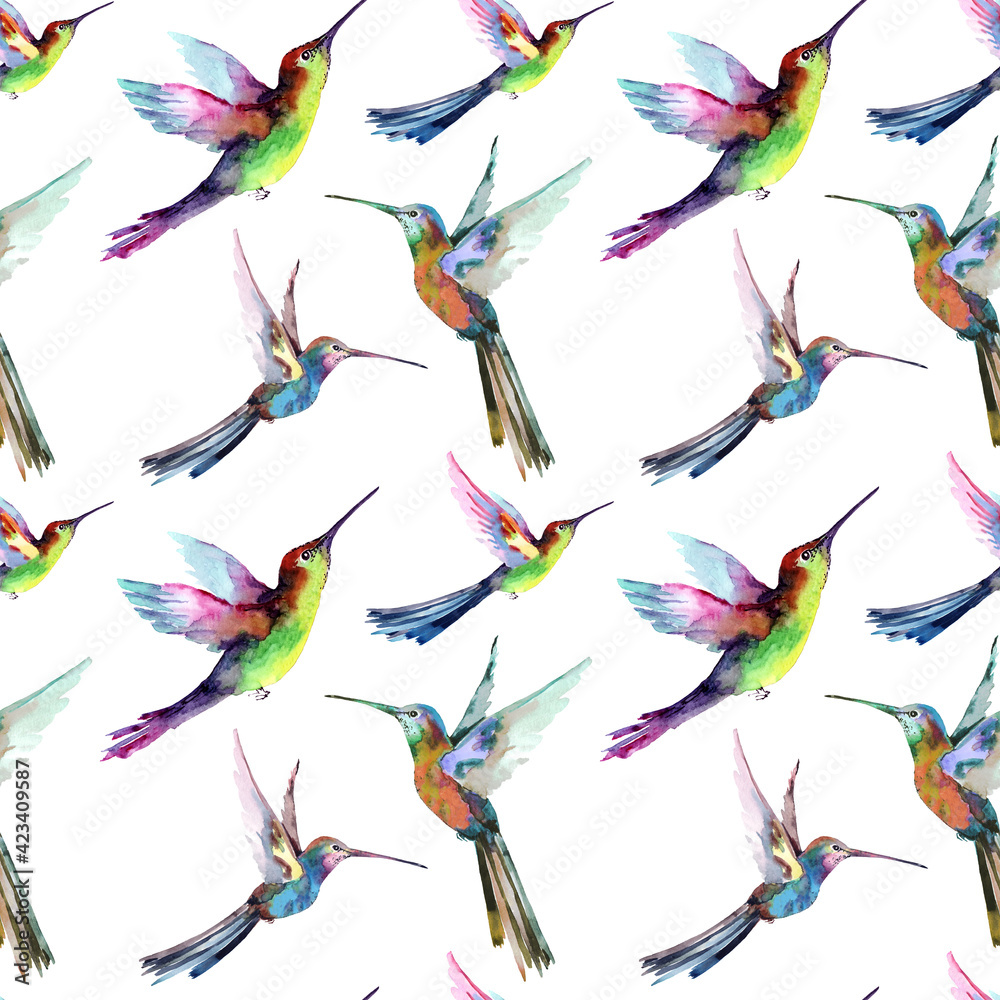 Seamless pattern with flying small tropical hummingbirds. Hand drawn ...