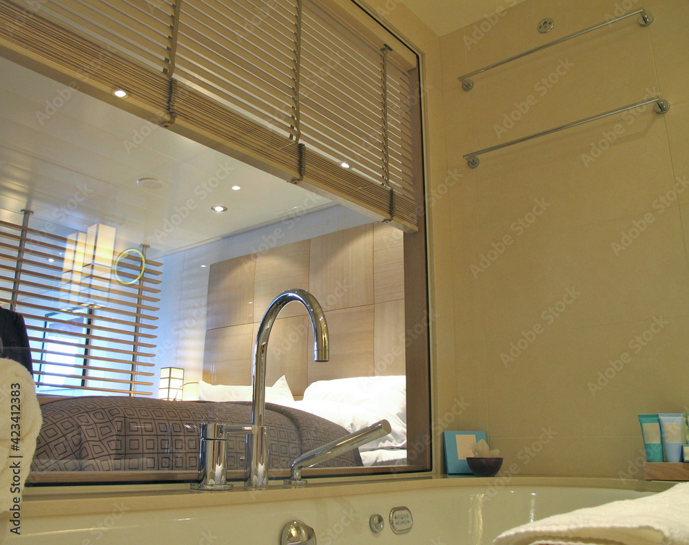Modern design interiors inside bathroom with bathtub double vanity sink ...