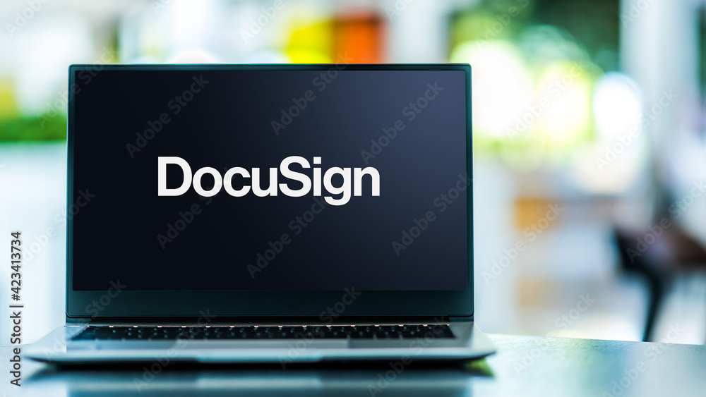 Laptop computer displaying logo of DocuSign Stock Photo | Adobe Stock