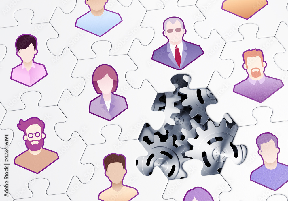 HR Management. Composed together hexagonal pieces of a jigsaw puzzle ...