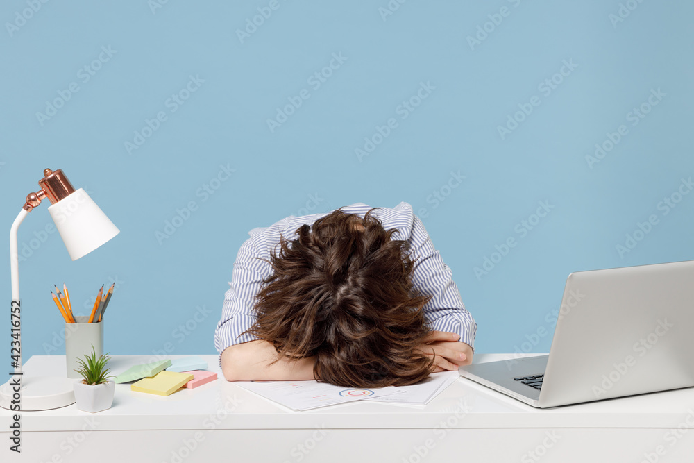 Young tired exhausted prostrate secretary employee business woman ...