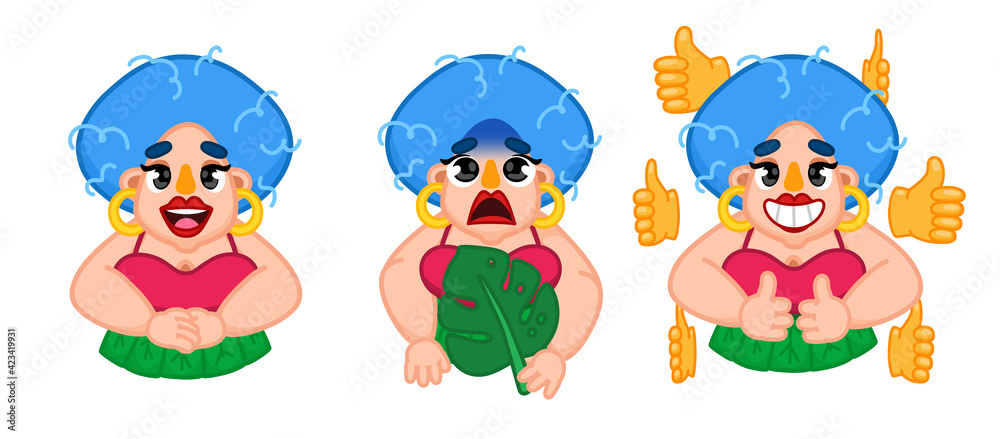 Vector set. Sticker girl in a tropical outfit. Different types of ...