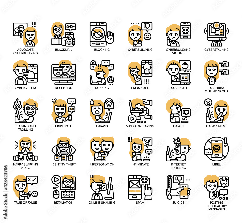 Set of cyberbullying thin line and pixel perfect icons for any web and ...