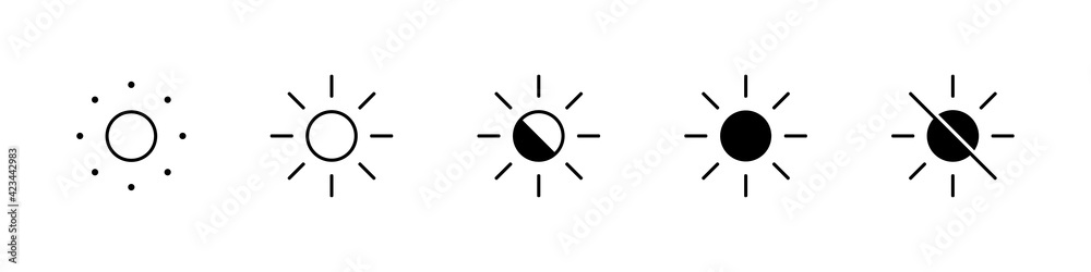 Brightness control icons set. Contrast adjustment icons set. Screen ...
