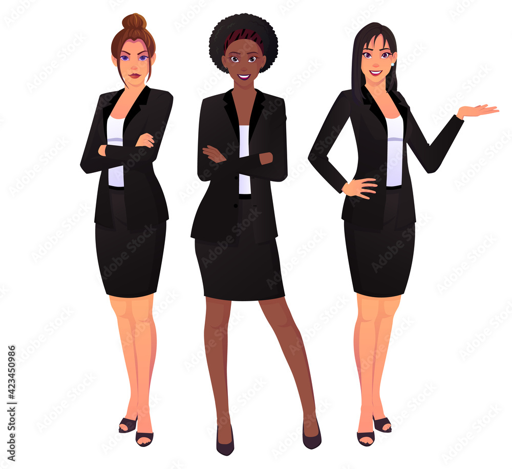 Business Women Wearing Black Suits In Action Pose. Caucasian, Asian ...