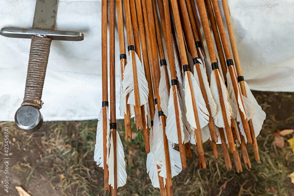 plumage white wooden arrows traditional weapon of the middle ages Stock ...