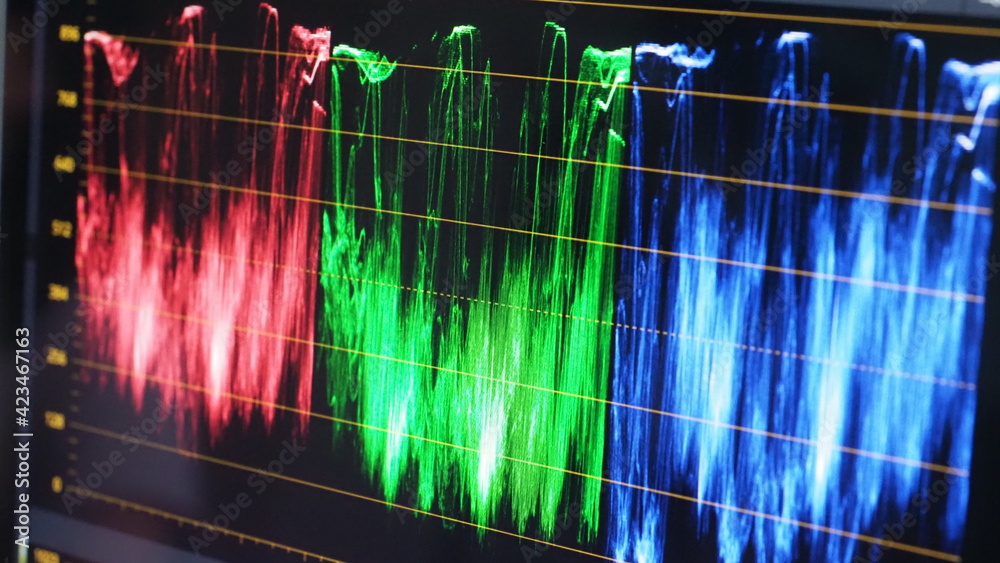 Color grading monitor. RGB colour correction indicator graph on screen ...