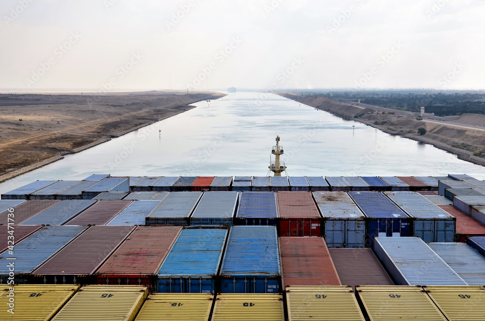 View on the containers loaded on deck of cargo ship. Vessel is ...