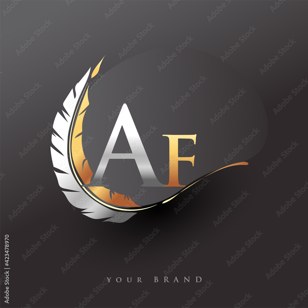 Initial letter AF logo with Feather Gold And Silver Color, Simple and ...