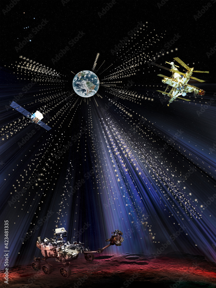 Space exploration concept. Earth and spaceships in the distance, and a ...