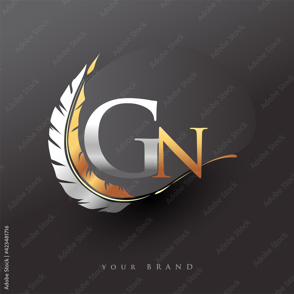 Initial letter GN logo with Feather Gold And Silver Color, Simple and ...