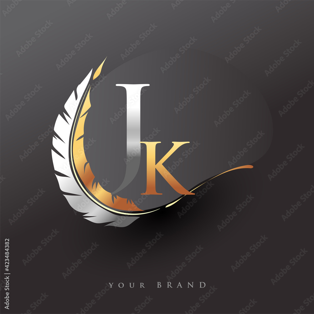 Vecteur Stock Initial letter JK logo with Feather Gold And Silver Color, Simple and Clean Design ...