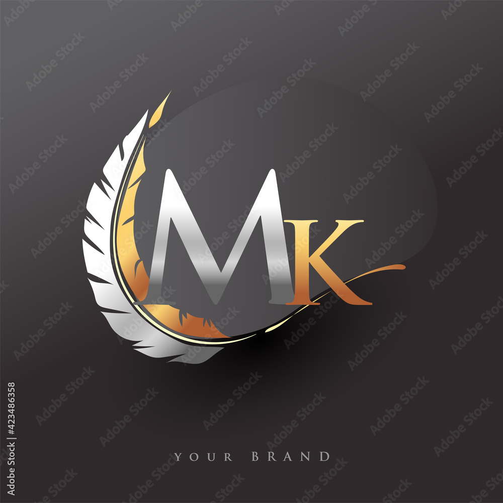 Initial letter MK logo with Feather Gold And Silver Color, Simple and ...