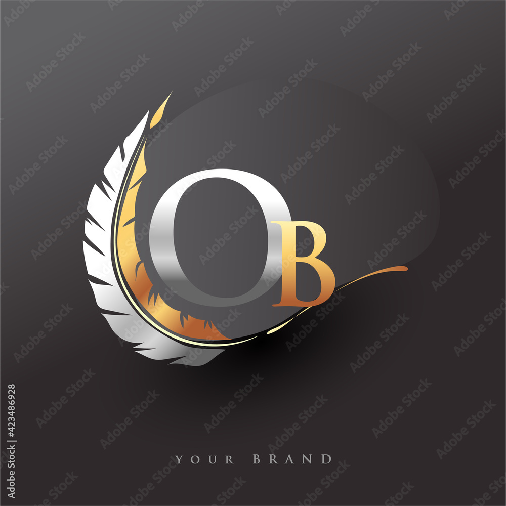Initial letter OB logo with Feather Gold And Silver Color, Simple and ...