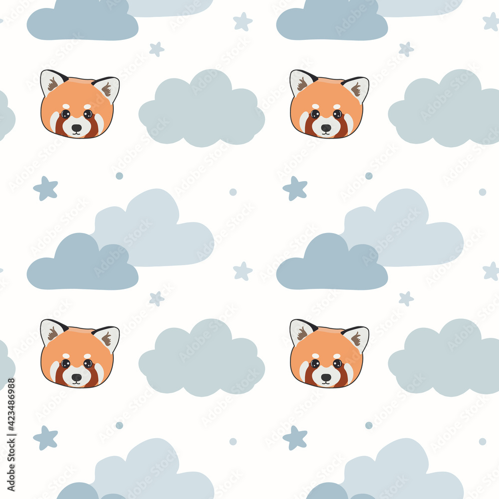 Seamless childish pattern with cute red panda, clouds, stars. Baby ...