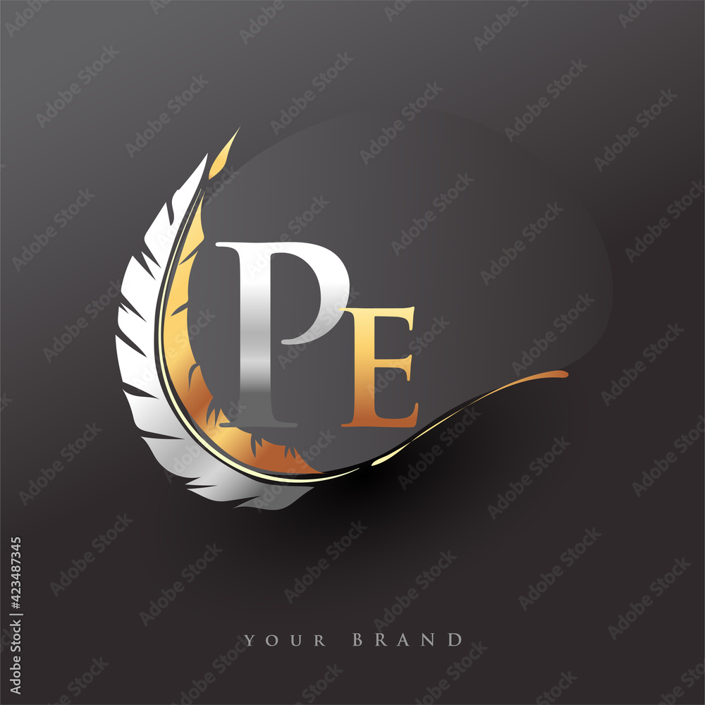 Initial letter PE logo with Feather Gold And Silver Color, Simple and ...