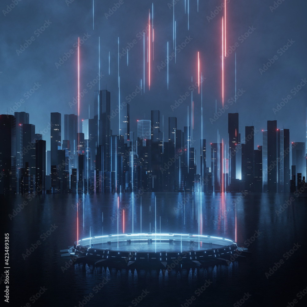 3D Rendering of futuristic sci fi circle pedestal with led warp beam ...