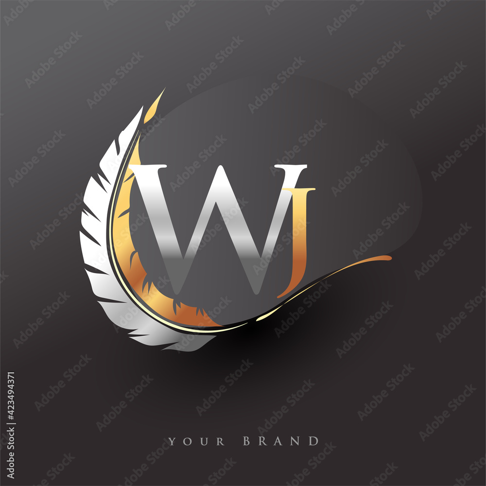 Initial letter WJ logo with Feather Gold And Silver Color, Simple and ...