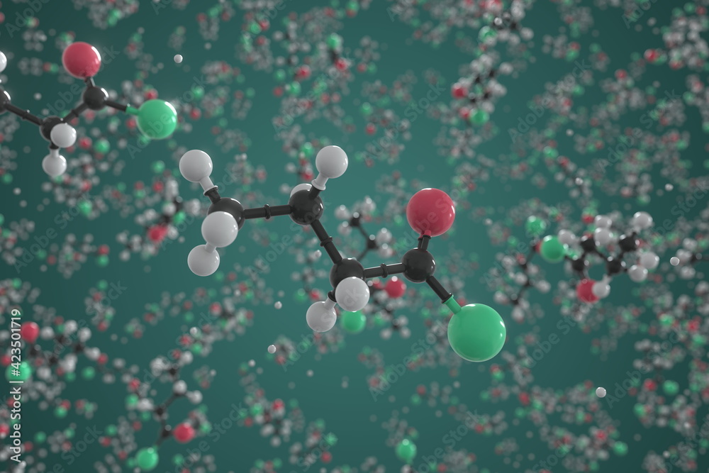 Butyryl chloride molecule. Ball-and-stick molecular model. Chemistry ...