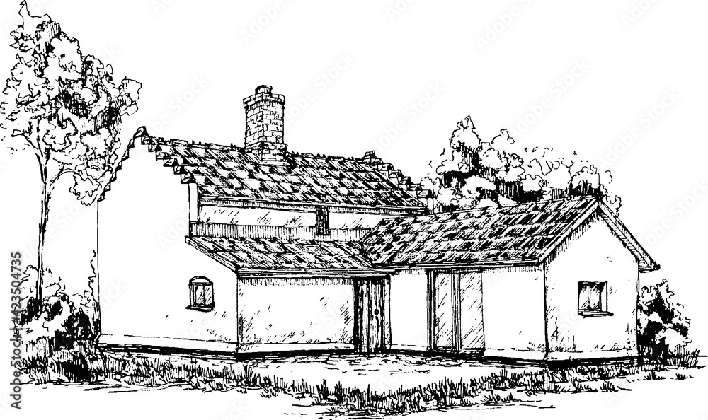 old classic british house exterior sketch monochromatic freehand ...