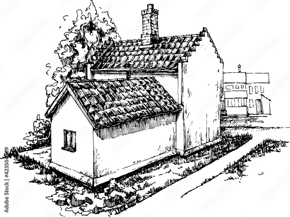 old classic british house exterior sketch monochromatic freehand ...