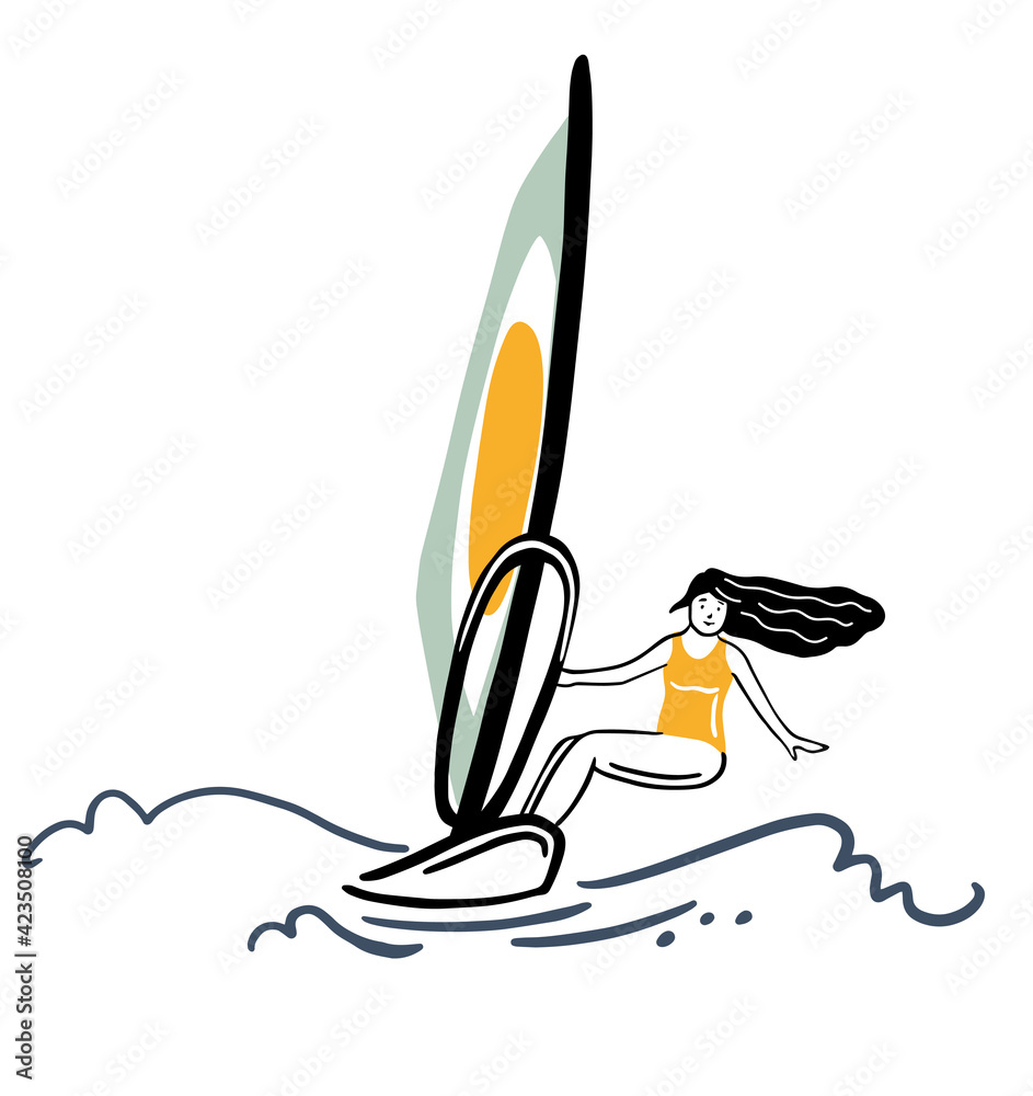 Windsurfing woman hand drawn outline doodle icon.Windsurfer and sea ...