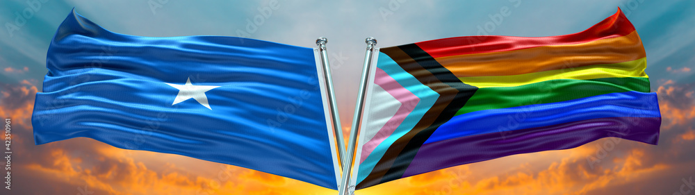Somalia Flag and New LGBT Flag waving with texture Blue sky could ...