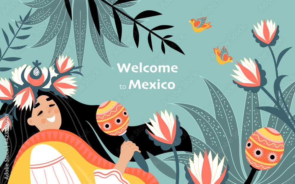 Welcome to mexico banner with cute girl in traditional mexican clothes ...