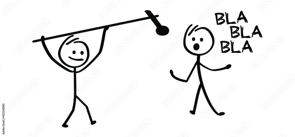 Stickman with microphone, thinking news or fake. Funny comic cartoon ...