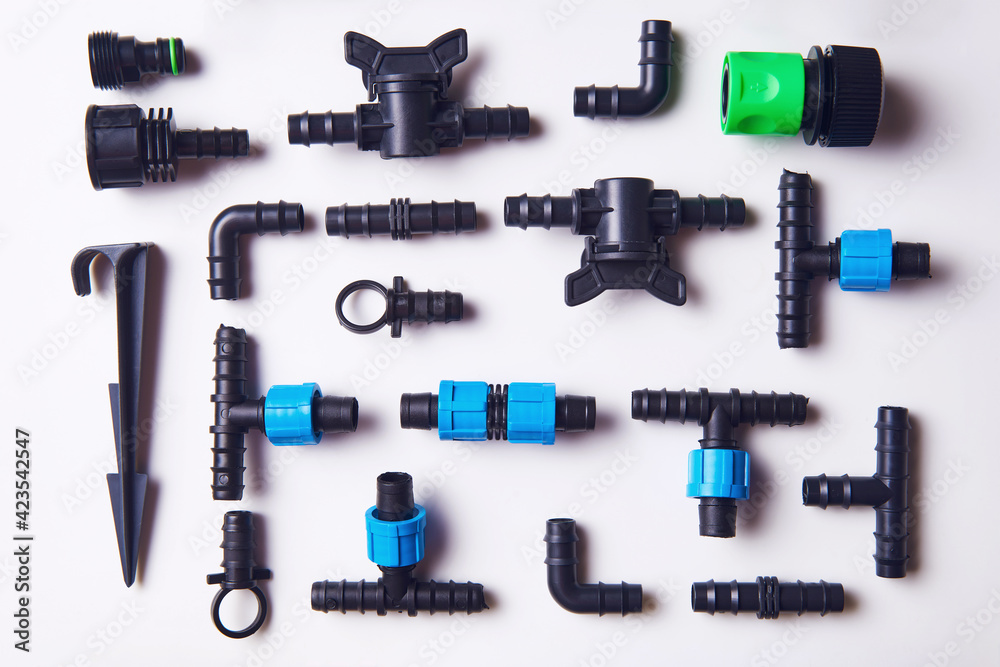 Layout of drip irrigation system close-up on a white background. Diy ...
