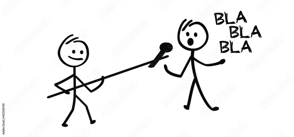 Stickman with microphone, thinking news or fake. Funny comic cartoon ...