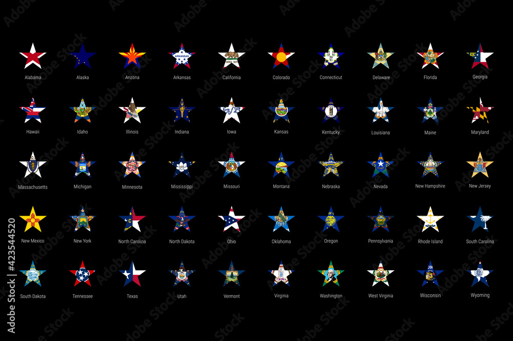 USA American states all flags in alphabetical order. Star-shaped vector ...