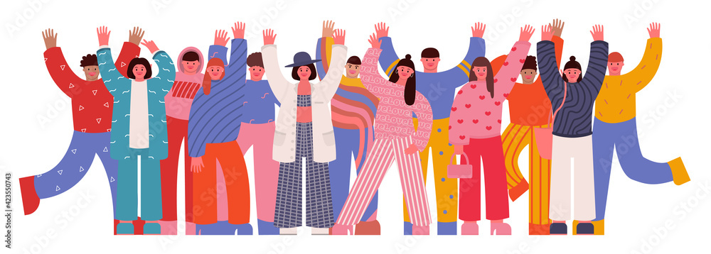 Crowd of happy young people, hello gesture, hands up, laughing and ...