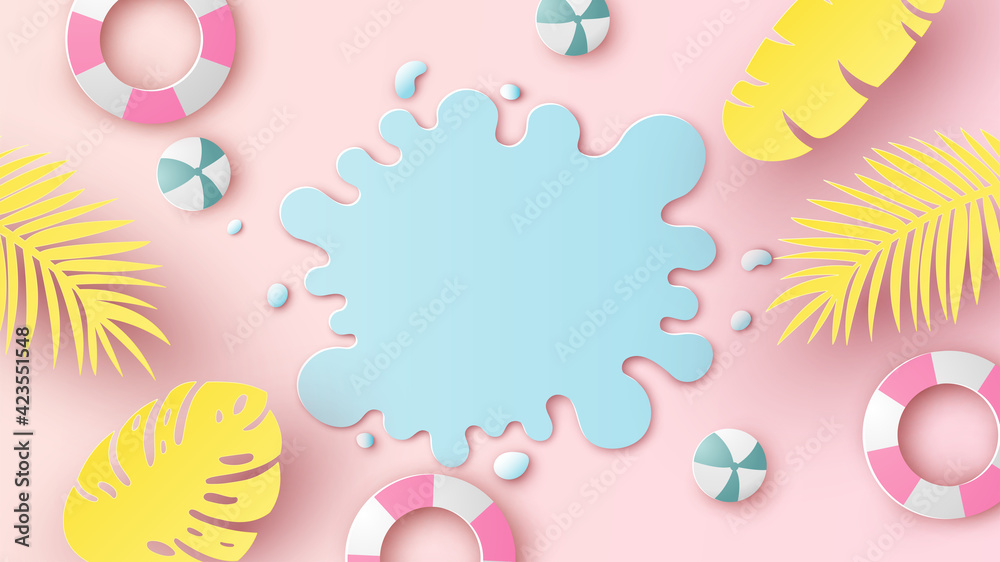 Water drop splash on sand beach with ball, swim ring, tropical leaves ...