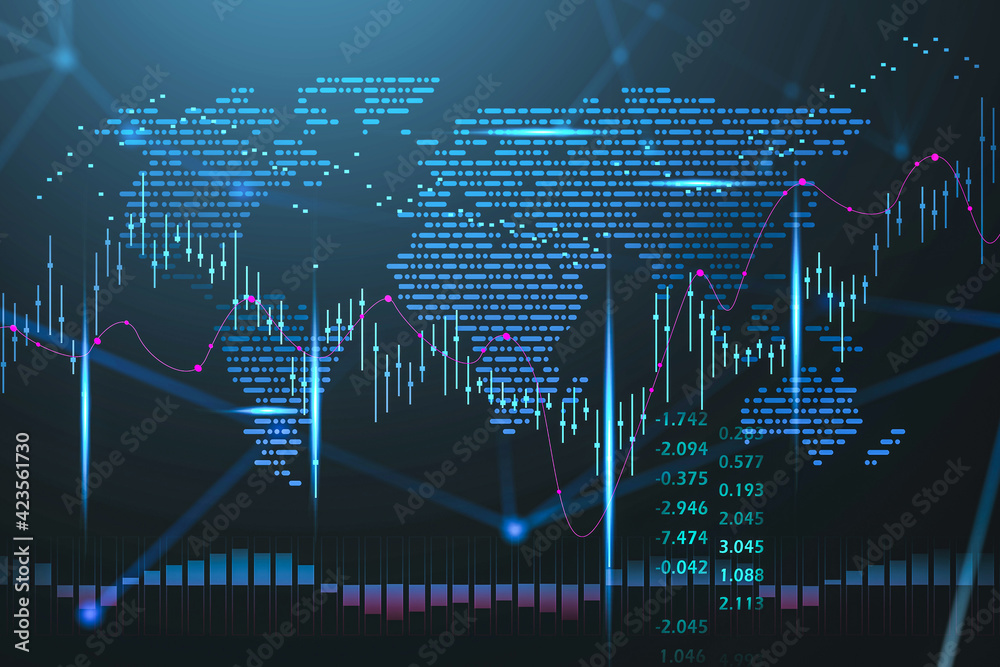 Digital world map with graph changing lines, bars and candlesticks ...