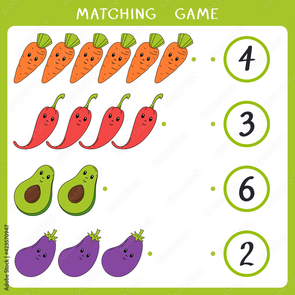 Educational math game for kids. Count how many vegetable and connect ...