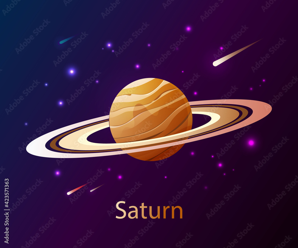 Realistic planet Saturn in dark space with stars and comets. Planet of ...
