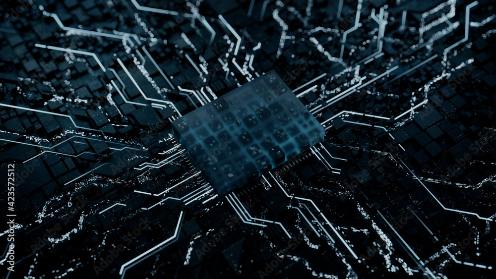 Advanced Technology Concept with Microchip. White Neon Data flows from ...