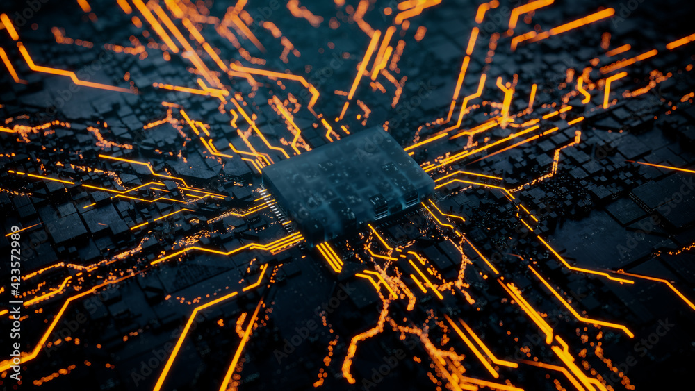 Advanced Technology Concept with Microchip. Orange Neon Data flows from ...
