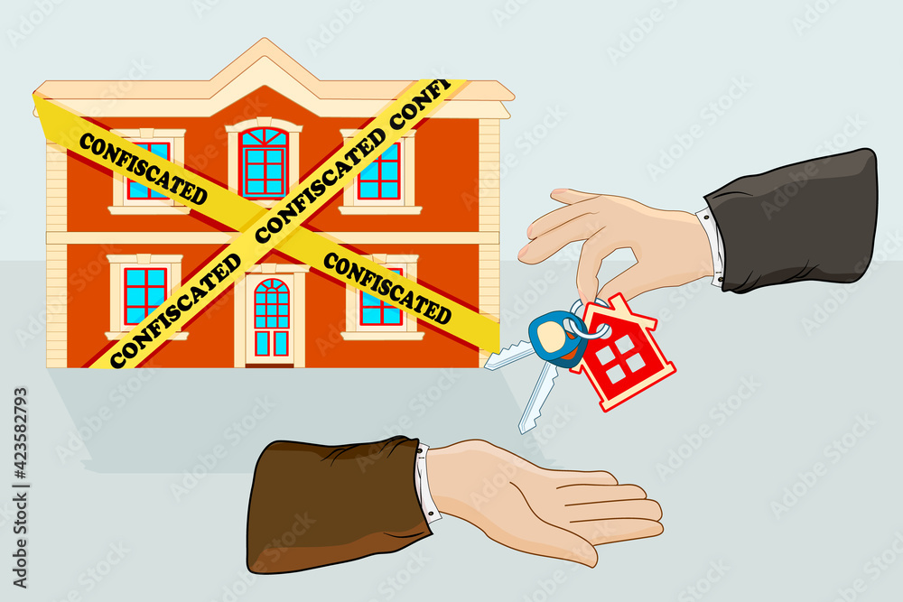 House with yellow warning tapes and hands giving keys isolated on white ...