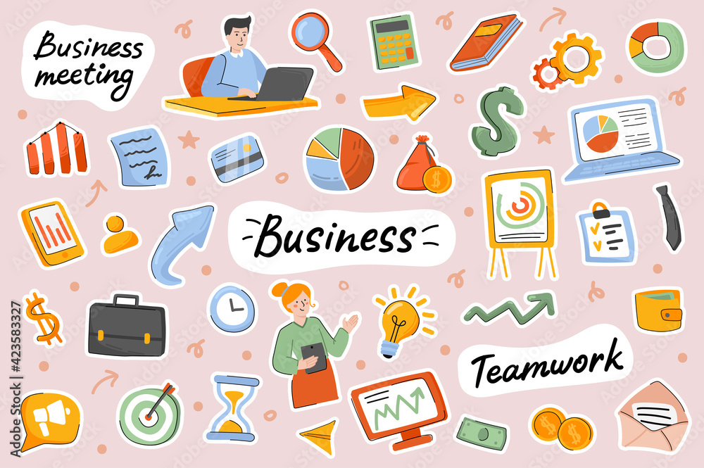 Business cute stickers template set. Bundle of teamwork, successful ...