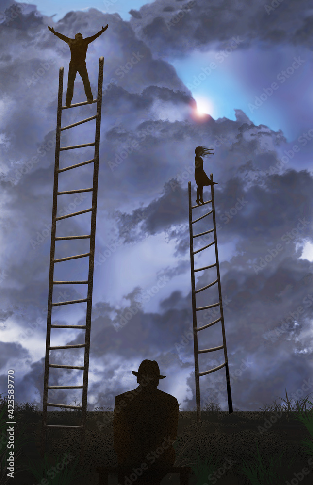 A man and a woman stand on tall ladders in a field under a cloudy sky ...